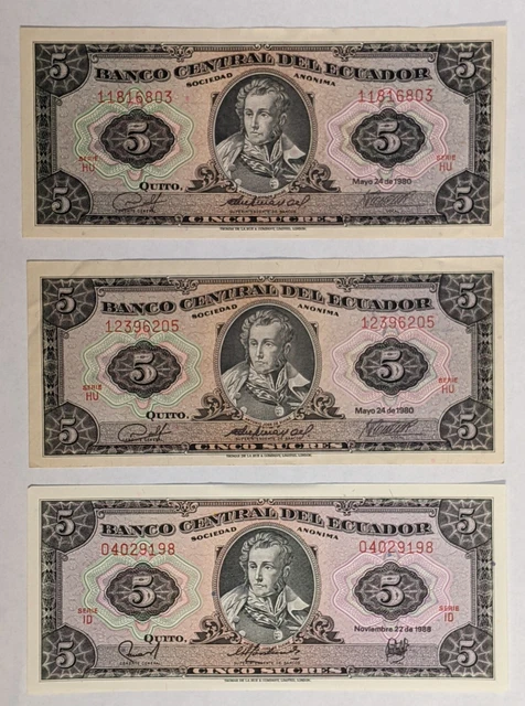LOT OF 3 1980/1988 Ecuador Banknotes 5 Sucres Notes P-113c/d AU/UNC $10 ...