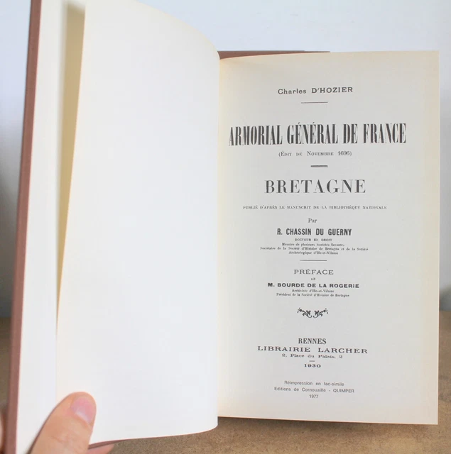 ARMORIAL GÉNÉRAL DE France Bretagne Charles d'Hozier 1977 2 tomes ...