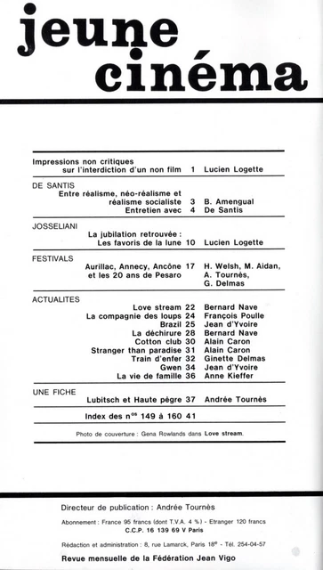 JEUNE CINEMA n° 165 - Gena Rowlands - Iosseliani - De Santis - Dune ...