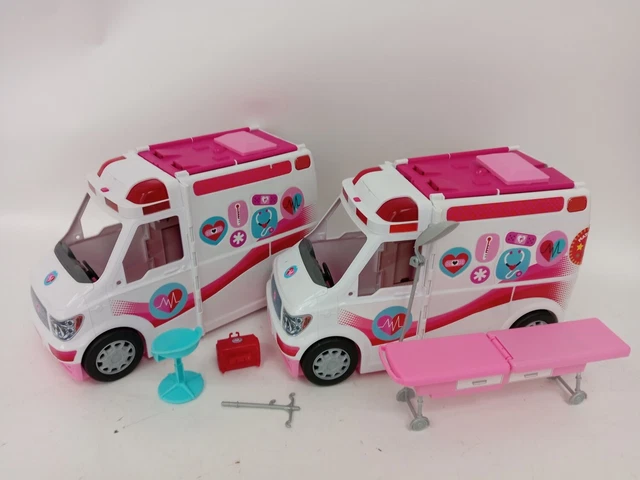 2PC BARBIE AMBULANCE Vehicle Doll Play Set Pink/White Preowned With ...