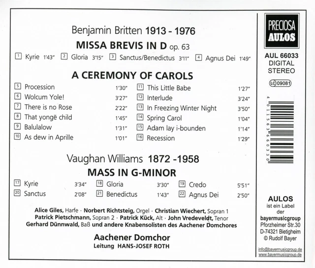 BENJAMIN BRITTEN MISSA Brevis in d/a Ceremony of Carols/Messe in G (CD ...