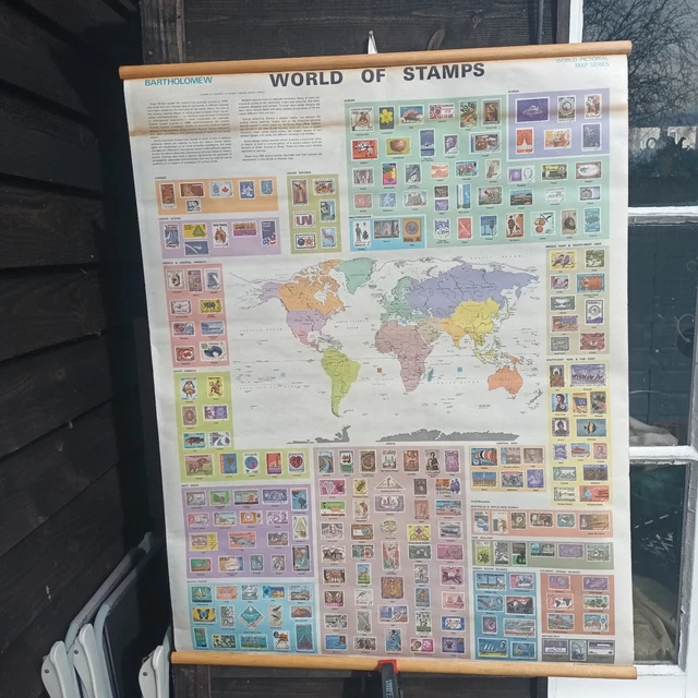 LARGE VINTAGE BARTHOLOMEW World of Stamps Map wall poster FREE P&P £9. ...