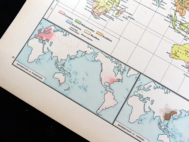 ANTIQUE MAP OF the World Ethnographic Chart Religion globe Population ...