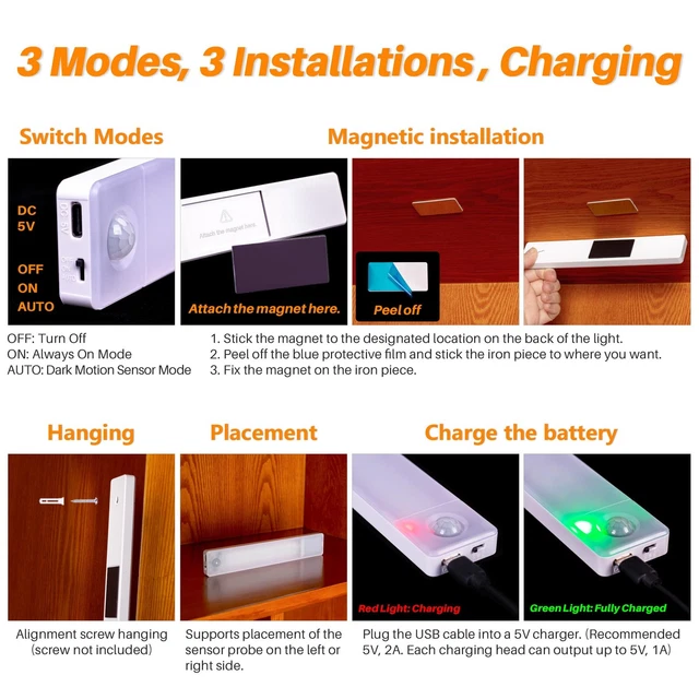 STAR SPANGLED 8 inch Rechargeable Motion Sensor Lights Indoor USB Stick ...