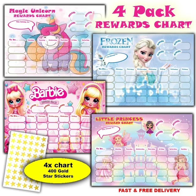 GIRLS 4 PACK - Princess Good Behaviour Reward Chart - 100x Gold Star ...