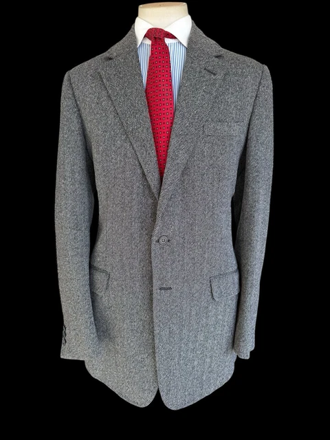SAVILE ROW BESPOKE Herringbone Tweed Blazer 40L Black Grey Wain Shiell ...