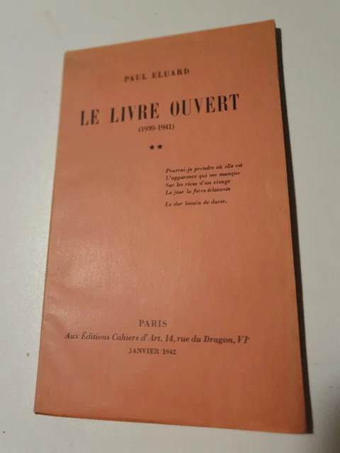 PAUL ELUARD LE Livre Ouvert (1939-1941) Éditions Cahier d'art 1942 EUR ...