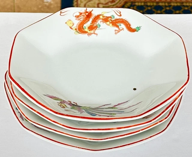 VINTAGE CHINESE RED Dragon & Phoenix Bird Octagon plates Dish Set Of 4 ...