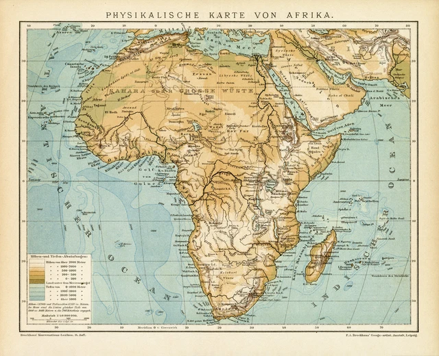 AFRIKA PHYSIKALISCH HISTORISCHE Landkarte antike Karte Lithographie ca ...