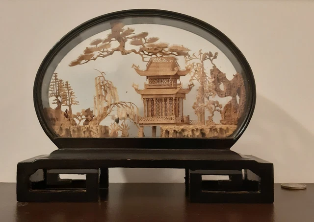 MAGNIFIQUE DIORAMA PAYSAGE miniature asiatique sous verre Chinois Chine ...
