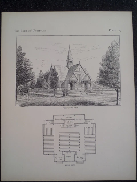 VICTORIAN DESIGN ARCHITECTURE Church Elevation Plan Historic 1885 #277 ...