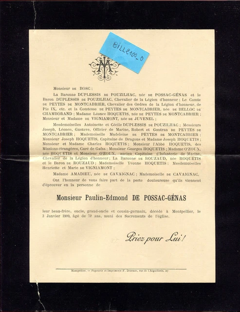 FAIRE-PART DE DÉCÈS de Mr. Paulin-Edmond de Possac-Génas . Montpellier .1900 EUR 11,90 - PicClick FR