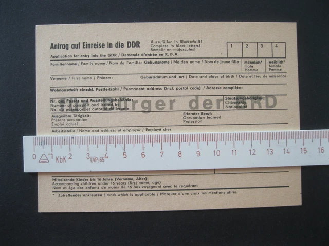 ANTRAG AUF EINREISE in die DDR für Bürger der BRD Vordruck Formular ...
