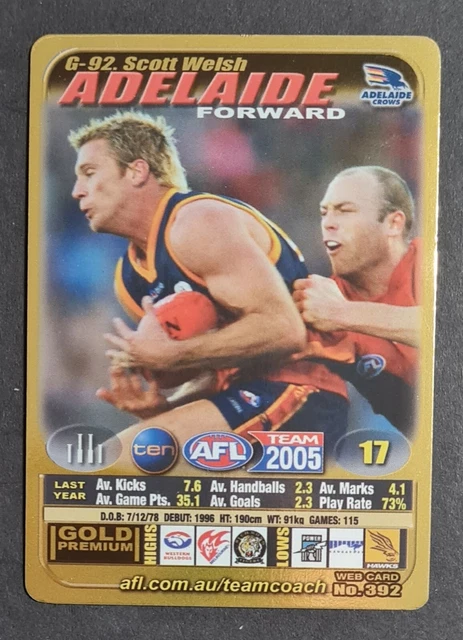 2005 TEAMCOACH GOLD SCOTT WELSH ADELAIDE CROWS CARD No G-92 $12.00 ...