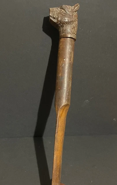 BATON SCULPTÉ TÊTE de chien outil ancien sculpture bois & sulfure ...