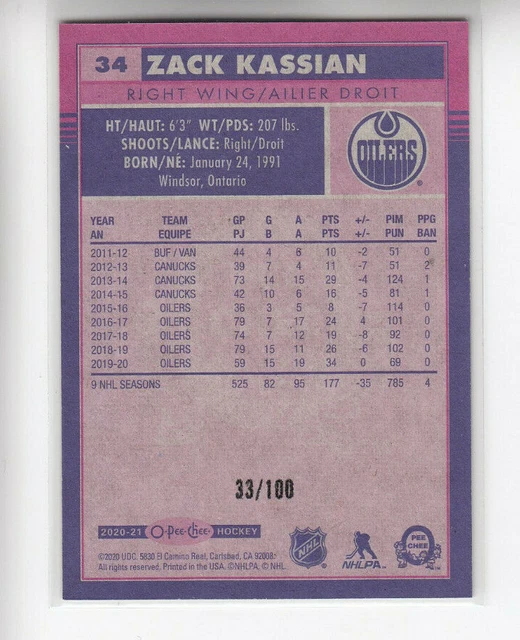 20/21 OPC EDMONTON Oilers Zack Kassian Black Border card #34 Ltd #33/ ...