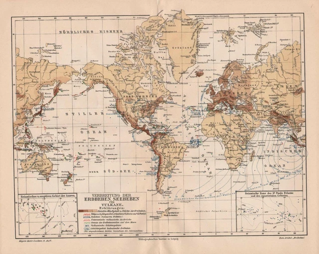 ANTIQUE MAP. WORLD EARTHQUAKE, TSUNAMI, VOLCANO MAP. Circa 1905 $2.00 ...