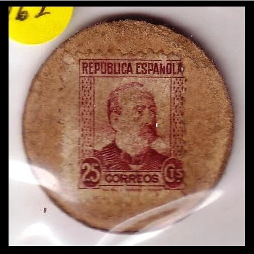 SPANISH CIVIL WAR 1938,Stamp money/coin,25 cent stamp on cardboard disc ...