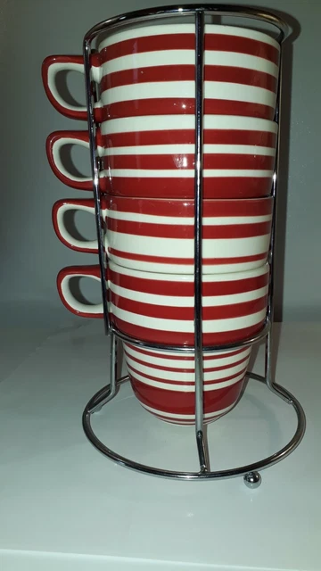 MARKS AND SPENCER Stacking Mugs 4" Red And White Striped Set Of 4 Metal ...