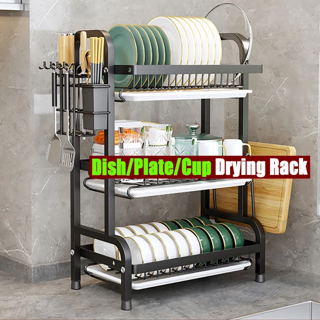 2/3TIER DISH RACK Plate Cup Drying Drainer Storage Drip Tray Cutlery ...
