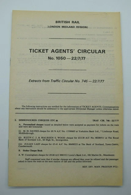 BRITISH RAIL (LM Region) Ticket Agents' Circular No 1050 22/7/77 EUR 6 ...