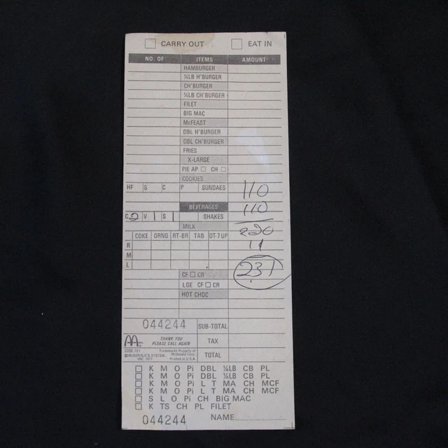 MCDONALDS 1977 MEAL Order Taking Form Sheet Menu Receipt Slip Cash ...