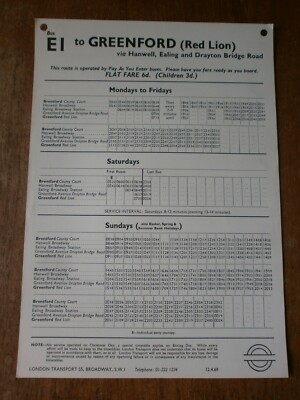 LONDON TRANSPORT BUS Stop Timetable Panel-Route E1, 1969 £1.99 ...