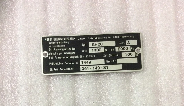 TYPENSCHILD FÜR AUFLAUFBREMSE Knott KF 20,Ausführung A,von 1300 kg bis ...