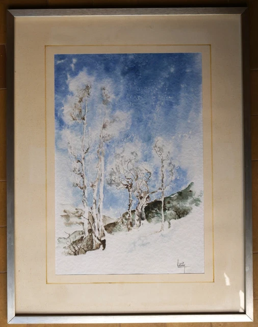 GRAND TABLEAU AQUARELLE de Monique Laborie: paysage enneigé EUR 20,00 - PicClick FR