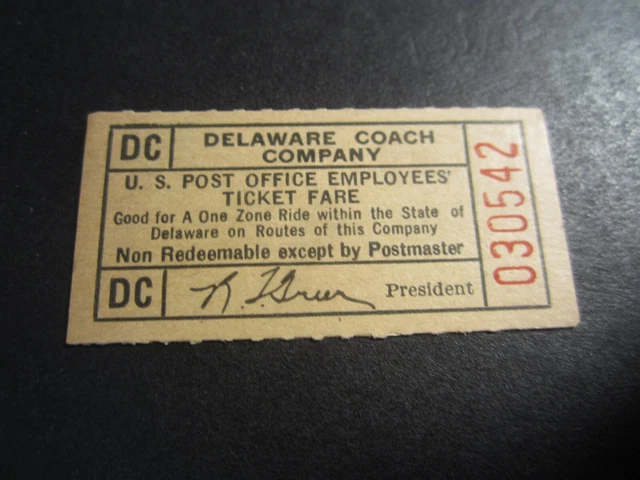 OLD VINTAGE - DELAWARE COACH Co. - RAILROAD TICKET - U.S. POST OFFICE ...