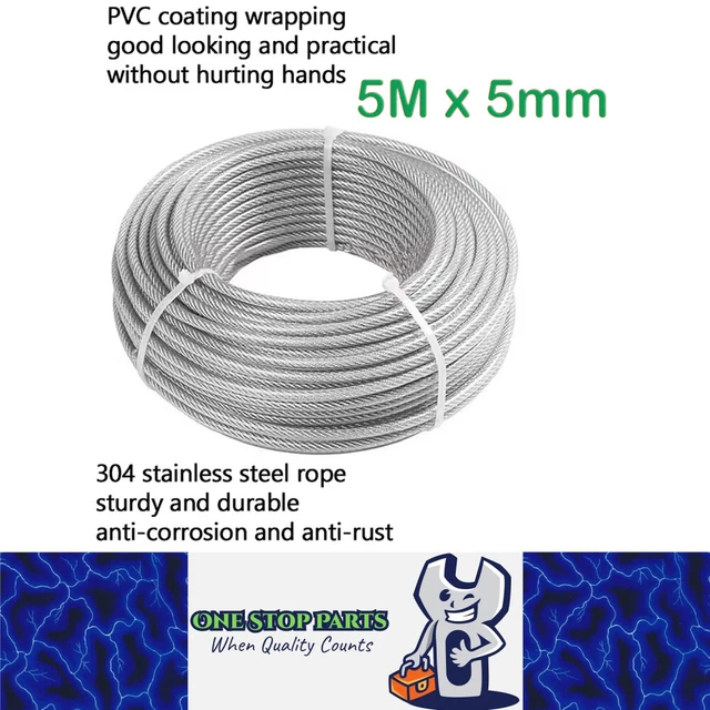 5M X 5MM 304 Stainless Steel Cable Rope PVC Coated Heavy Duty Wire ...