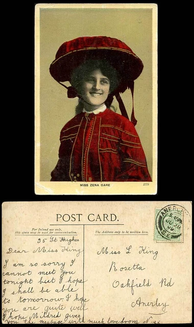 EDWARDIAN ACTRESSES MISS ZENA DARE Wear a Large Red Hat 1909 Old Colour Postcard EUR 2,89 ...