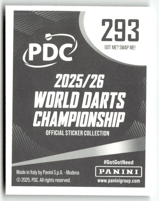 PANINI 2025/26 PDC World Darts Sticker N° 293 Rod Harrington Légende ...