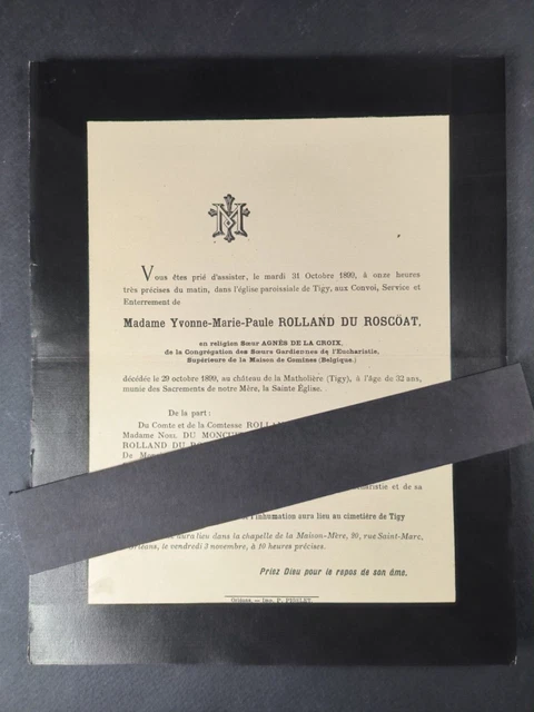 FAIRE-PART DE DÉCÈS, Rolland du Roscöat, 1867-1899,Château de la Matholière,Tigy EUR 20,00 ...