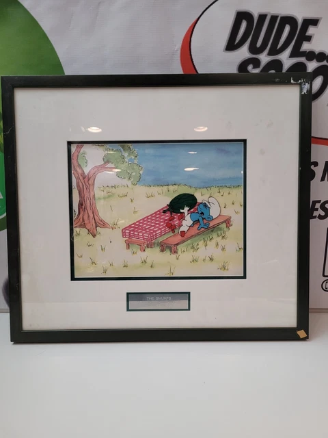 THE SMURFS ORIGINAL Production Cel Animation Art and Background Framed ...