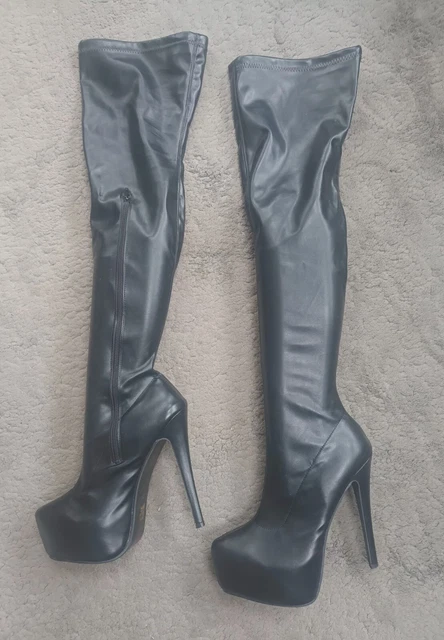 BLACK THIGH LENGTH PVC Stiletto Platform Boots Size 11 £19.99 - PicClick UK