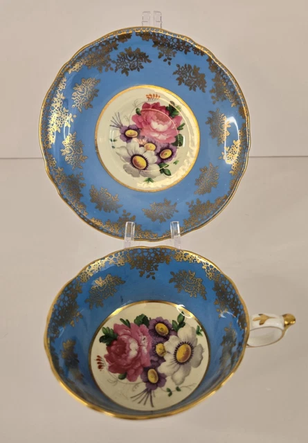 RARE VINTAGE DOUBLE Warrant Paragon Floral Teacup & Saucer Blue & Gold ...