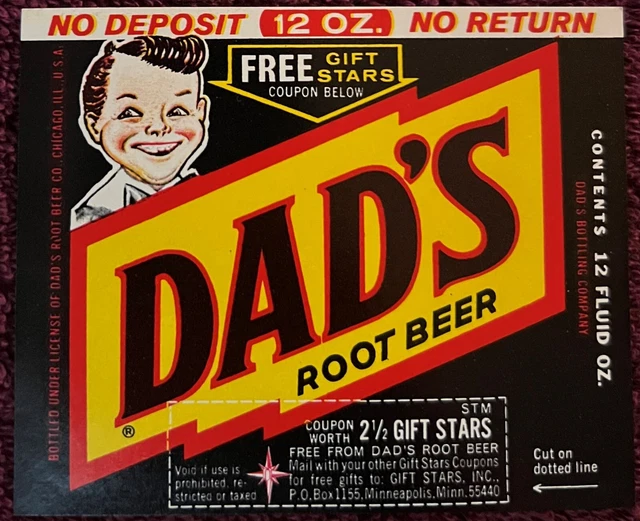 VINTAGE DAD'S ROOT Beer Label, Chicago, IL 1960s, First to Use a 6 Pack ...