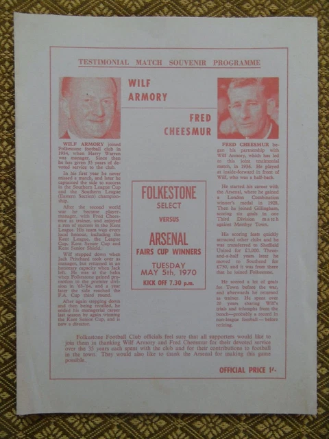 FOLKESTONE T V ARSENAL (Testimonial for Wilf Armoury & Fred Cheesmuir ...