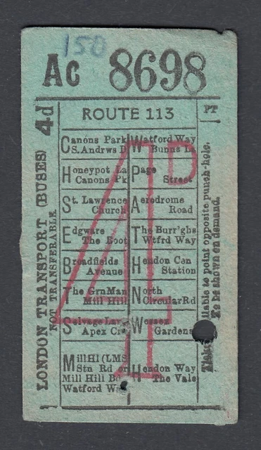 OLD BUS TICKET London Transport Buses 4d Route 113 Canons Park St ...