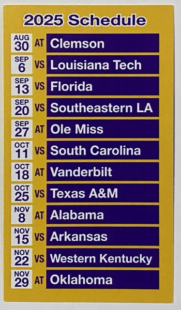 2025 LSU TIGERS Schedule 🏈 College Football Sked COOL‼️ NEW‼️ CARD $1. ...
