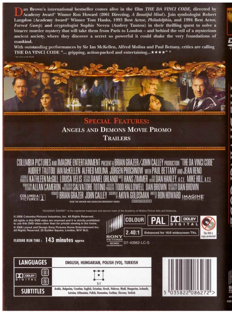 THE DA VINCI CODE (Tom Hanks, Jean Reno, Audrey Tautou) R2 DVD $20.00 ...
