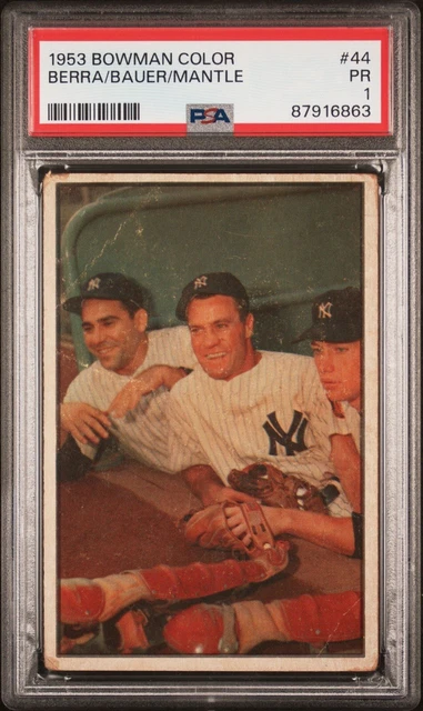 1953 BOWMAN COULEUR #44 Yogi Berra/Hank Bauer/Mickey Mantle PSA 1 ...