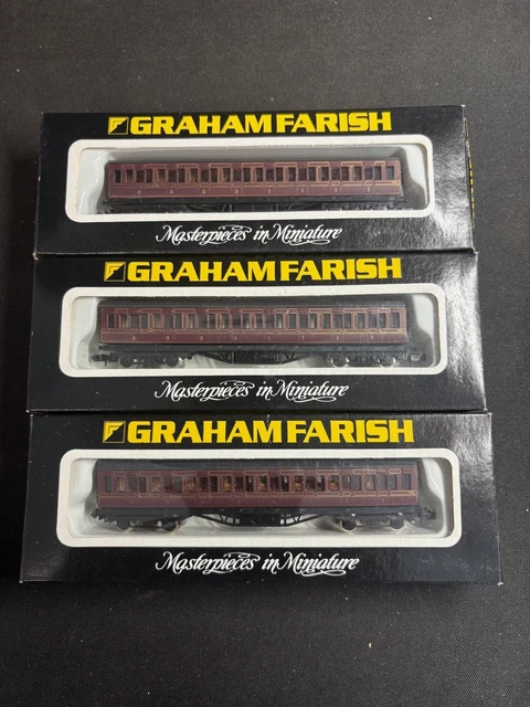 3 X GRAHAM Farish N Gauge No.0626 57ft MAINLINE COACH LMS (CRIMSON LAKE ...