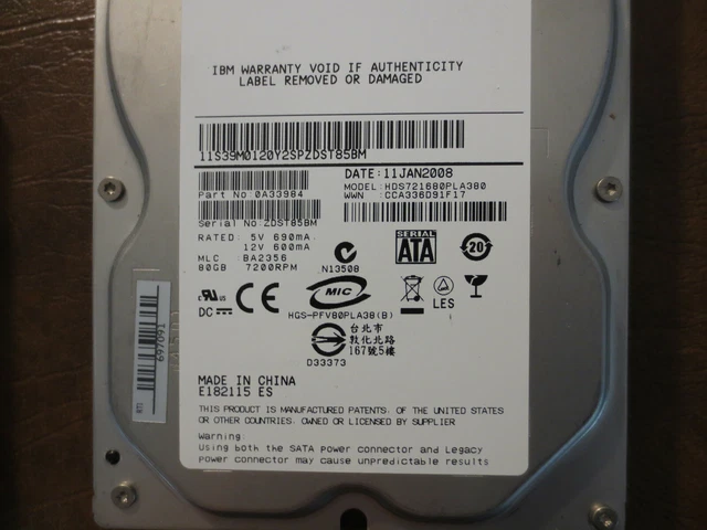 DISQUE DUR HITACHI HDS721680PLA380 PN:0A33984 MLC:BA2356 80 Go Sata 3,5 ...