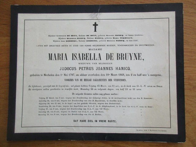 SHARE DEATHS MARIA Isabella De Bruyne Widow Judocus Petrus Hanicq 1868 ...