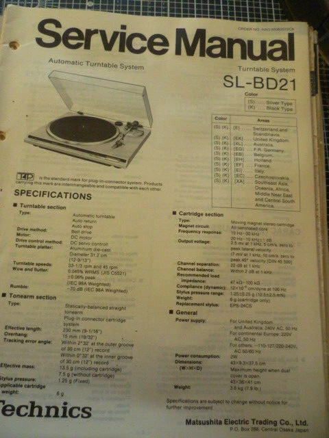 TECHNICS SL-BD21 STEREO Turntable Service Manual £7.22 - PicClick UK