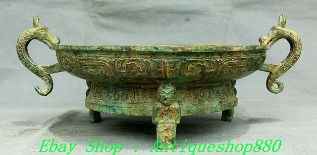 OLD CHINA HAN Dynasty Bronze Ware People Dragon Niu Beast Head Plate ...
