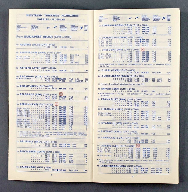 MALEV HUNGARIAN AIRLINES Airline Timetable Winter 1986/87 Route Map ...