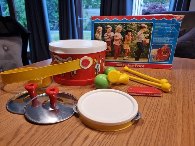 VINTAGE FISHER PRICE Marching Band Toy Set Boxed UK Old Retro Drum ...